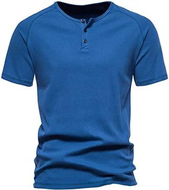 Generic Henley Chemises pour homme à manches courtes et col boutonné sans col - Coupe ample - Pour le sport, la course à pied, la gym, bleu, 5XL