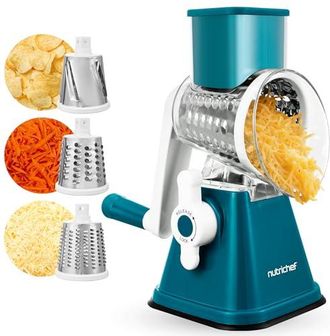 Nutrichef 3 in 1 K&auml;se Reibe & Raspel | Starker Saugfu&szlig;, Rotary Griff mit Sicherheitsverschluss | Inklusive Handkurbel & 3 Trommeln f&uuml;r 3 Texturen, Fein, Mittel 