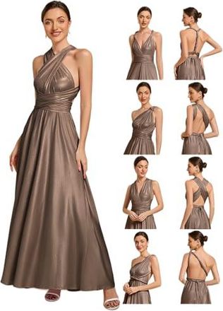 Ever-pretty Robe Demoiselle dhonneur Femme Multi-Style sans Manches Robe de Soirée Longue Convertible Chic Brun Métallisé S