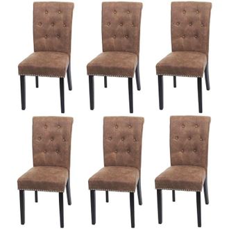 Hhg Neuwertig] 6er-Set Esszimmerstuhl Chesterfield ii, Stuhl K&uuml;chenstuhl, Nieten Stoff/Textil braun, dunkle Beine