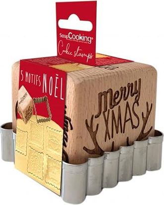 ScrapCooking SCRAP COOKING 5138 Tampon Pâtisserie en Bois à Motifs de Noël-avec 1 Découpoir Emporte-Pièce Biscuit & Cube Xmas avec 5 Faces Gravées en Relief-Moule 