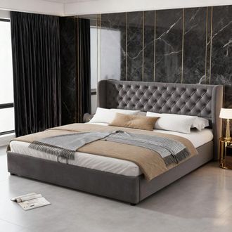 Generic Polsterbett 160x200 cm in Grau mit Samtstoff und Knopfnähten - Hydraulisches Funktionsbett mit Lattenrost und Stauraum