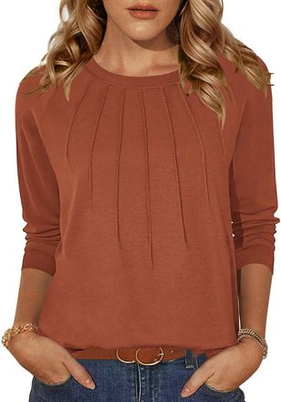 Zeagoo Damen Langarmshirt Casual Tshirts Einfarbige Rundhalsausschnitt Oberteile Herbst Leichte Elegant Tops Plissee T-Shirt Karamell XXL