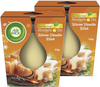 Air Wick Wohlfühl-Duftkerze im Glas - Duft: Warm Vanilla Wish - Je bis zu 20 Stunden Brenndauer - Enthält natürliche ätherische Öle - 2 x 105 g Duftkerze