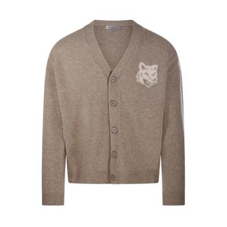 Maison Kitsun&eacute; Fox Head Merino Cardigan - - Knitwear - Herren - Beige - L