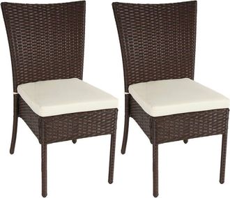 Hhg Neuwertig] 2er-Set Poly-Rattan Stuhl HHG 949, Balkonstuhl Gartenstuhl, stapelbar braun, Kissen creme