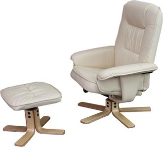 Mendler Relaxsessel M56, Fernsehsessel TV-Sessel mit Hocker Ottomane, Kunstleder Eukalyptus Holz FSC-Zertifiziert - Creme