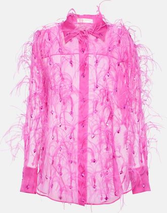 Valentino Bestickte Bluse aus Seidenorganza mit Federn