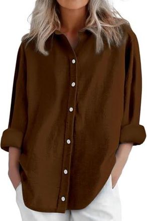 Generic Chemise surdimensionn&eacute;e boutonn&eacute;e pour femme en coton et lin - Chemisier d&eacute;contract&eacute; &agrave; manches longues et col mandarin - Haut boh&egrave;me de plage, marron,