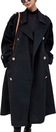 Generic Trench-coat dhiver mi-long en laine &agrave; double boutonnage pour femmes (Noir,S)