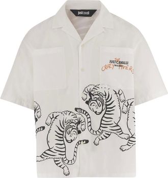 Just Cavalli Homme, Chemises, Blanc, Taille: L Chemise en coton avec imprim&eacute; tigre et logo