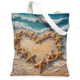 Generic Sac fourre-tout en toile motif &eacute;toiles de mer pour faire du shopping, 33 x 38,1 cm, sac &agrave; bandouli&egrave;re r&eacute;utilisable pour la Saint-Valentin, la plage, l