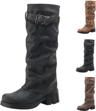Generic Bottes western pour femmes &agrave; bout rond - Bottes hautes pour femmes jusquaux genoux pliables - Bottes de cowboy avec boucle &agrave; tige haute - Bottes en da