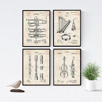Nacnic Vintage - Pack de 4 feuilles avec Brevets dInstruments de Musique. Ensemble daffiches avec inventions et anciens brevets. harpe saxophone violon fl&ucirc;te