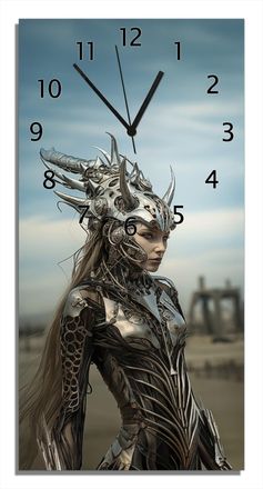 Wallario Design-Wanduhr, Acrylglasuhr Größe 30 x 60 cm, Schwarze Zeiger, Motiv Wüstenkriegerin