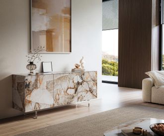 DELIFE Sideboard Cuor 180 cm Keramik Patagonia Poliert 2 T&uuml;ren 3 Schubf&auml;cher Fu&szlig; Schwebeoptik Acrylglas, Sideboards