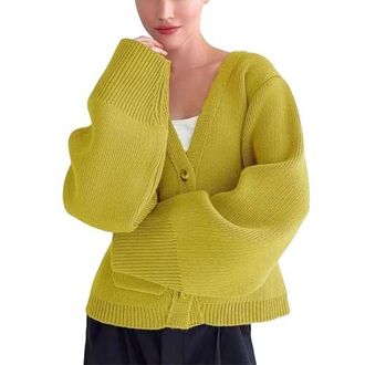 Generic Cardigan en tricot &agrave; manches longues et col en V pour femme, jaune, Taille XS