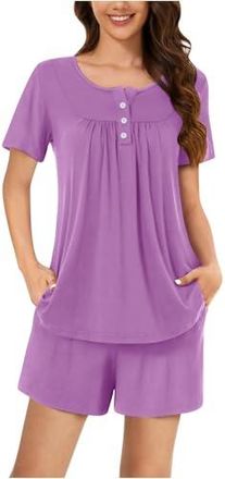 Generic Ensemble deux pièces plissées pour femme - Pyjama boutonné en soie glacée - Vêtement de nuit doux et confortable - Respirant - Léger - Vêtement dintér