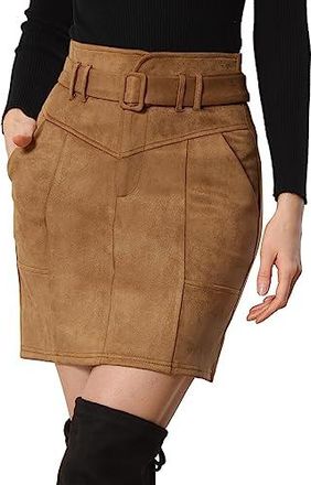 Allegra K Jupe en Simili Daim pour Mini-Jupes trap&egrave;ze d&eacute;contract&eacute;es Taille Haute ceintur&eacute;es pour Femmes Marron XL