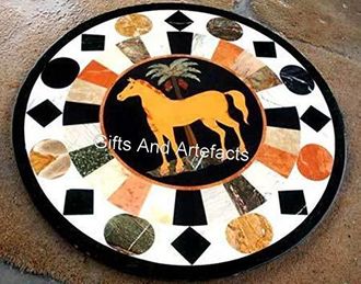 Generic Cheval Art Inlay Table centrale avec aspect royal | 76,2 x 76,2 cm - Dessus de table basse rond en marbre noir pour décoration de jardin et de bureau 