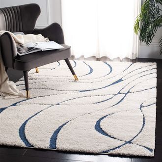 Safavieh Zottelig Teppich f&uuml;r Wohnzimmer, Esszimmer, Schlafzimmer - Florida Shag Collection, Hoher Flor, Creme und Blau, 99 X 160 cm