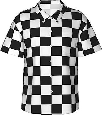 Generic Chemise Hawaienne Homme Damier De Course Noir Et Blanc Chemise De Fête Personnalisée Absorbant Chemises Hawaïennes, pour Vacances, Travail, Usage Quot