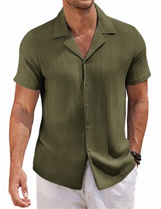 Coofandy Herren Kurzarmhemd Kuba Kragen Hemd Kurzarm Casual Freizeithemd M&auml;nner Haiwaiihemd Gestreiftes Guayabera Shirt Armee Gr&uuml;n M