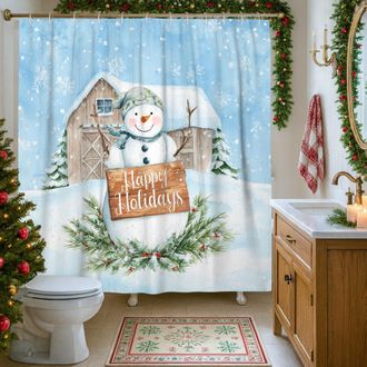 Generic Duschvorhang mit Schneemann-Motiv, weihnachtliche Schneeflocken, Kiefer, Weihnachtsblau, wasserdichter Stoff, dekorativer Badezimmervorhang, Dekoratio