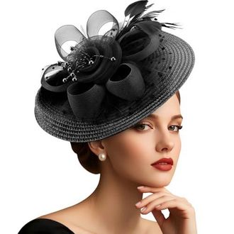 Dreshow Chapeau Fascinateur en Maille avec Plume Perl&eacute;e sur Bandeau et Pince Fourchue Chapeau Cocktail Tea Party pour Filles et Femmes Noble Kentucky Hat