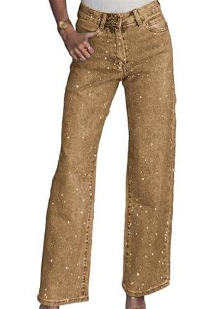 Generic Jean baggy Y2k pour femme - Taille haute - Jambe large - Jambe droite - Extensible - Style d&eacute;contract&eacute;, marron, XXL