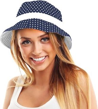 TOSKATOK Anti UV UPF 50+ Bob réversible pour Femmes à Pois en Coton-Navy