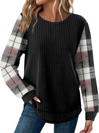 Generic Pull Femme Hiver Chaud col Rond Mode Imprim&eacute; &agrave; Carreaux Sweatshirts Manche Longue Pull Femme Chic et &eacute;l&eacute;gant D&eacute;contract&eacute; Ample Jumper Tops Noir