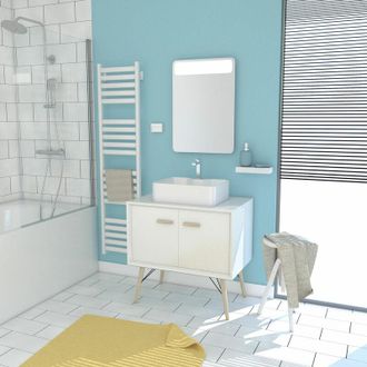 Aurlane Aurlane - meuble salle de bain scandinave blanc 80 cm sur pieds avec portes, vasque a poser et miroir led