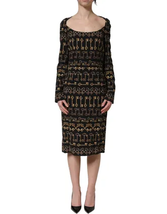 Dolce & Gabbana Womens Black Key Print Long Sleeves Sheath Midi Dress Viscose