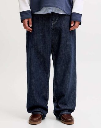 Jack & Jones jean large taille mi-haute Dave d&eacute;lav&eacute; en denim bleu