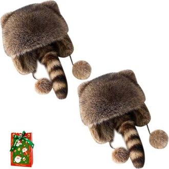 Generic Chapeau dhumeur en forme de queue de raton laveur avec queue, cache-oreilles amovibles Y2K, unisexe, en fausse fourrure, Adulte - 2 pi&egrave;ces, Taille uni