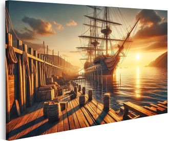Islandburner Bild auf Leinwand Sonnenuntergang am Hafen mit Segelschiff Bilder Wandbilder Poster