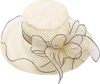 dPois Femme Chapeau Organza Chapeau de Soleil Elegant Bohemia Derby Fascinator pour Voyage Mariage Cocktail Plage Cérémonie Trilby Bord Orné Fleurs Mariée C