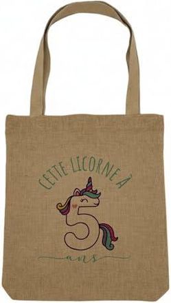 Fabulous Sac Shopping Tote Bag Aspect Lin - Cette Licorne &Agrave; 5 Ans Anniversaire Celebration Enfant Cadeau - Sac de Courses Toile Epaisse 360g Beige Naturel Caba