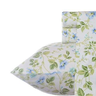 Laura Ashley Queen-Bettwäsche, weiches Satin-Baumwoll-Bettwäsche-Set - schlank, glatt und atmungsaktiv Heimdekoration (Frühlingsblüte, Immergrün, Queen-Size)