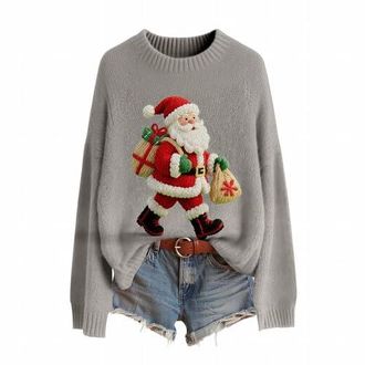 Generic Pull de Noël moche rétro pour femme Motif Père Noël Col rond Pull tricoté décontracté à manches longues, gris, S