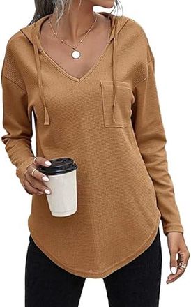 Generic Sweat-Shirt &agrave; Capuche et Manches Longues pour Femme, col en V, Cordon de Serrage, l&eacute;ger, Camel, Taille XXL