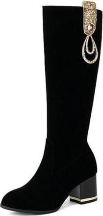 Generic Bottes d&eacute;quitation en daim synth&eacute;tique pour femme - Confortables - Bout rond - Talon bloc - Fermeture &eacute;clair lat&eacute;rale - Chaussures dhiver chaudes, Noi