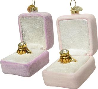 Kaemingk Diamantring in Box, Baum-Ornament, mundgeblasene Echtglaskugel-Paar, Diamantring in Ringbox, hübsches rosa Glasbaumkugel-Paar - 2 Stück, beflockte und