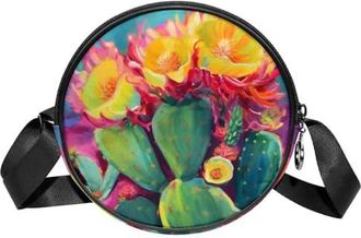 Generic Petit sac &agrave; bandouli&egrave;re rond pour femme, motif fleurs de cactus avec fermeture &eacute;clair, bretelles r&eacute;glables, sac &agrave; main rond d&eacute;contract&eacute; pour femmes et