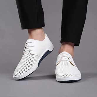 Generic Chaussures Oxfords pour Hommes Travail, Derby Mens Shoes, Style dété Respirable et Confortable Dentelle daffaires Up Leisure Hollow Solid Shoes (White