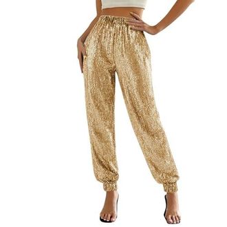 Generic Pantalon scintillant pour femme - &Eacute;lastique - Coupe haute - Brillant - Pantalon crayon d&eacute;contract&eacute; - Pantalon long - Tenue de vacances - Pyjama 3/4 po