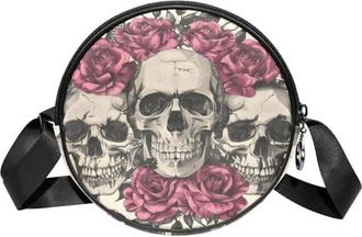 Generic Petit sac &agrave; bandouli&egrave;re circulaire pour femme, motif cr&acirc;nes, fleurs, petit sac &agrave; bandouli&egrave;re avec fermeture &eacute;clair, bretelles r&eacute;glables, sac &agrave; main ro