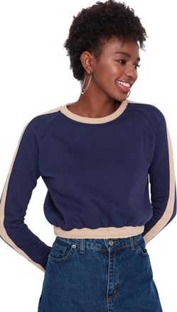 Trendyol Damen Einfarbig Tailliertes Rundhalsausschnitt Sweatshirt, Marineblau, L