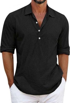 Generic Polo en coton et lin pour homme, t-shirt &agrave; manches longues avec poche, l&eacute;ger, coupe droite, t-shirt de plage hippie &agrave; col en V, Z01-Black Polo pour ho